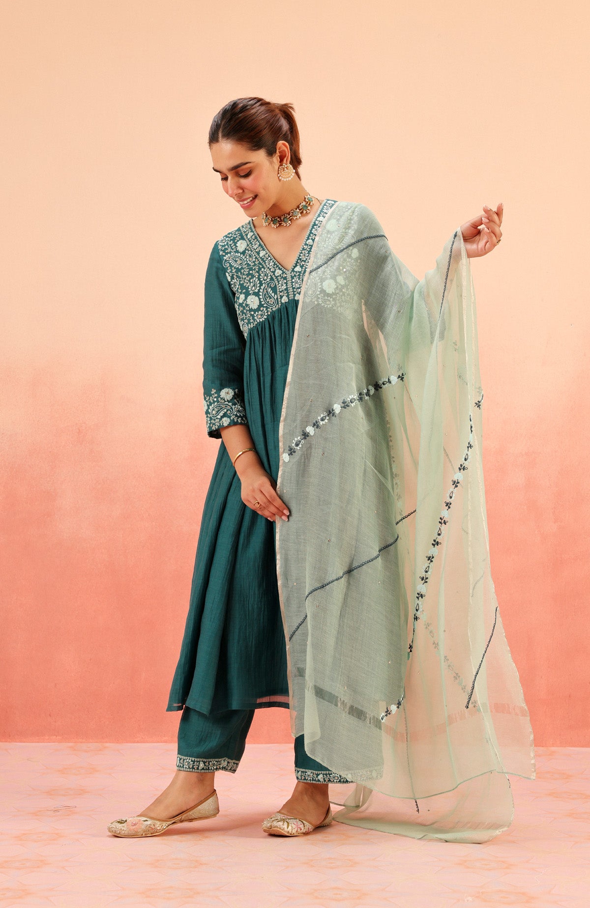 Shop Tarini Teal Cotton Blue Anarkali Set Online | Dohr India