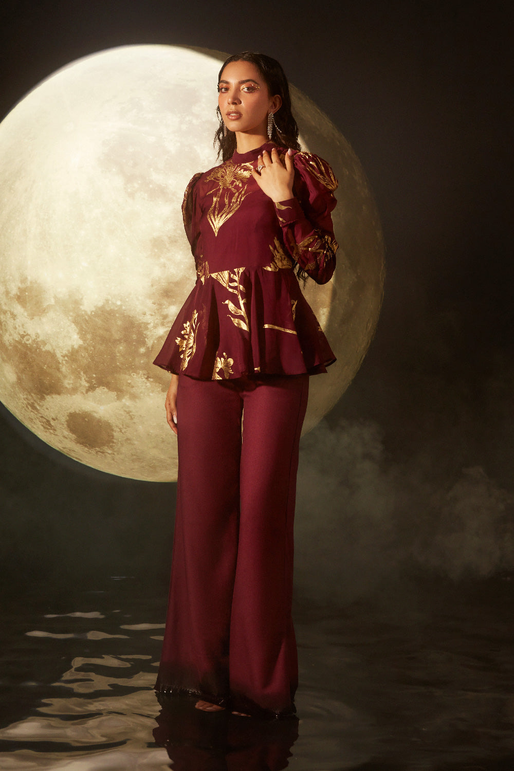Dohr | Peplum organza gold foil printed top & crepe pants | Paige